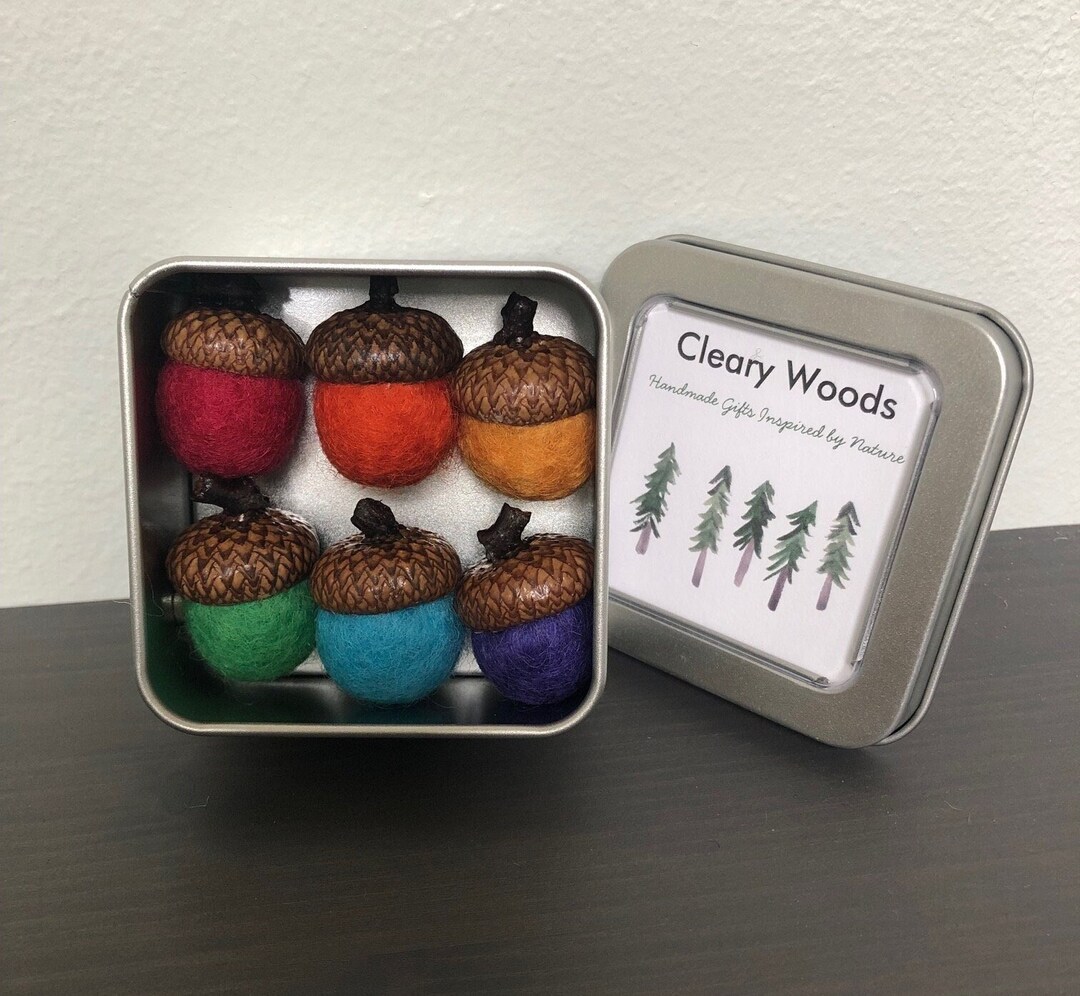 Set of 6 Felted Wool Acorn Magnets in a Tin Box, Refrigerator Magnets ...
