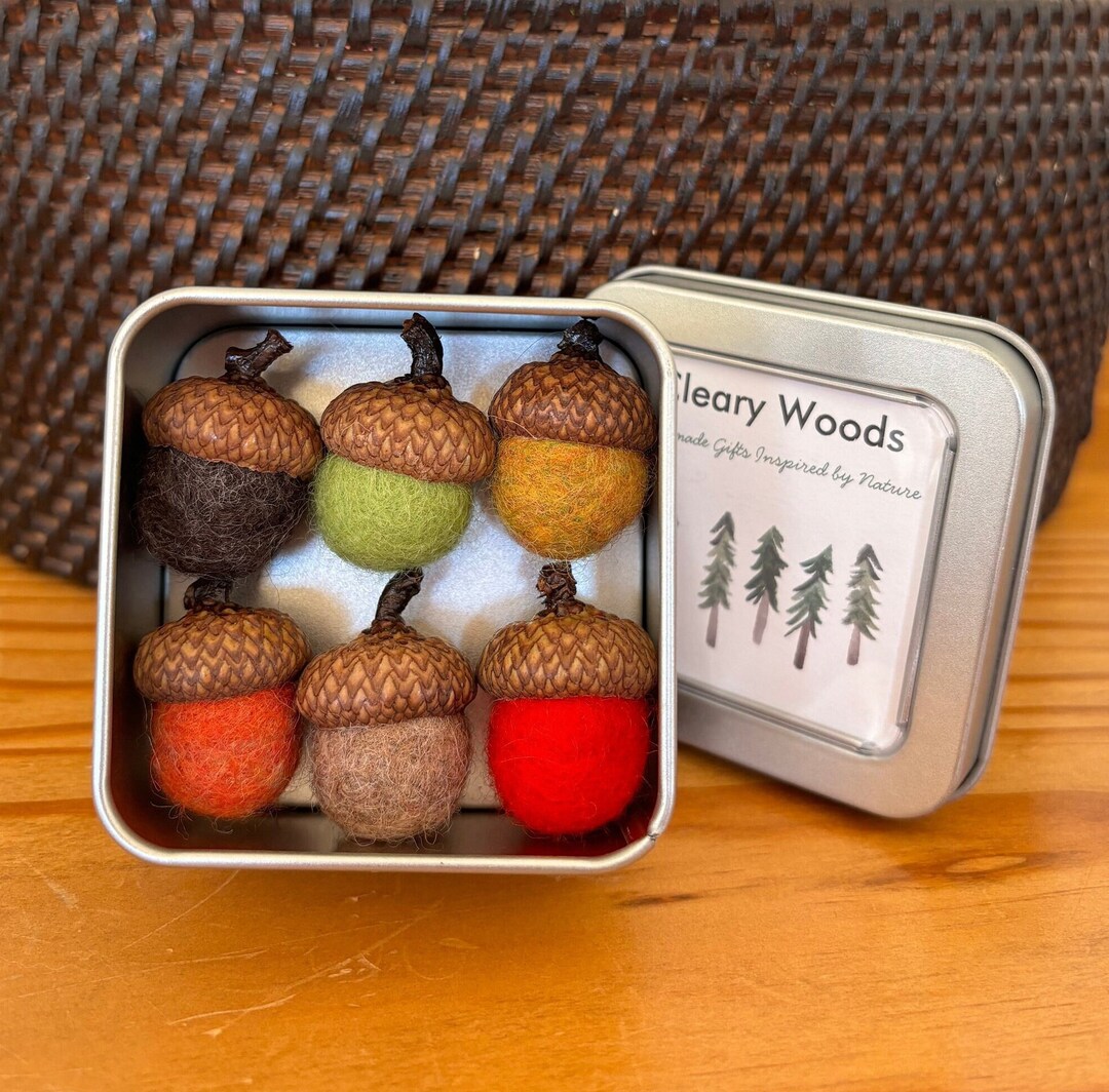 Set of 6 Felted Wool Acorn Magnets in a Tin Box, Refrigerator Magnets ...