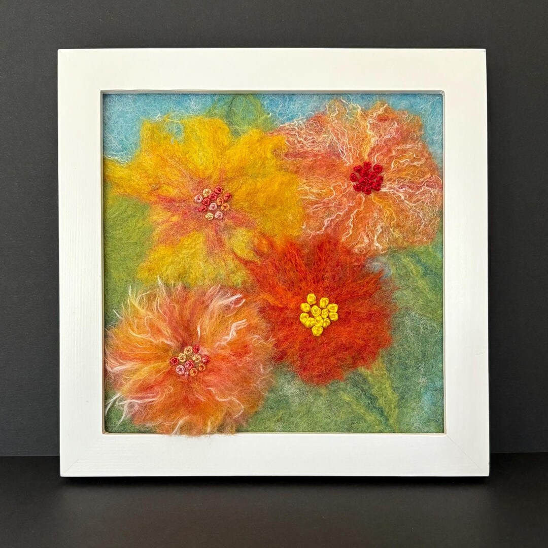 Felted Wool Floral Picture, 6"x6" Framed Needle Felted Picture, Felted ...
