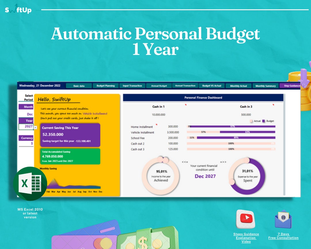 Monthly Budget Automatic Template 1 Year Budget Planner Financial ...