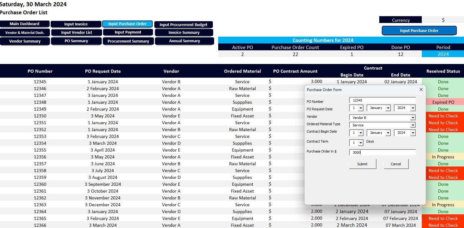 Excel Template Automated Procurement Monitoring Dashboard 5 Years for ...
