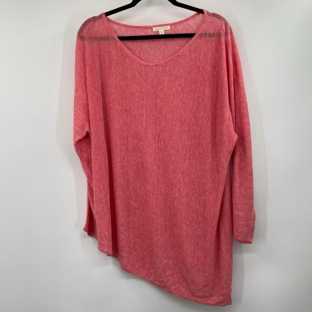 Eileen Fisher 100% Linen Watermelon Pink Asymmetrical Tunic Knot Top ...
