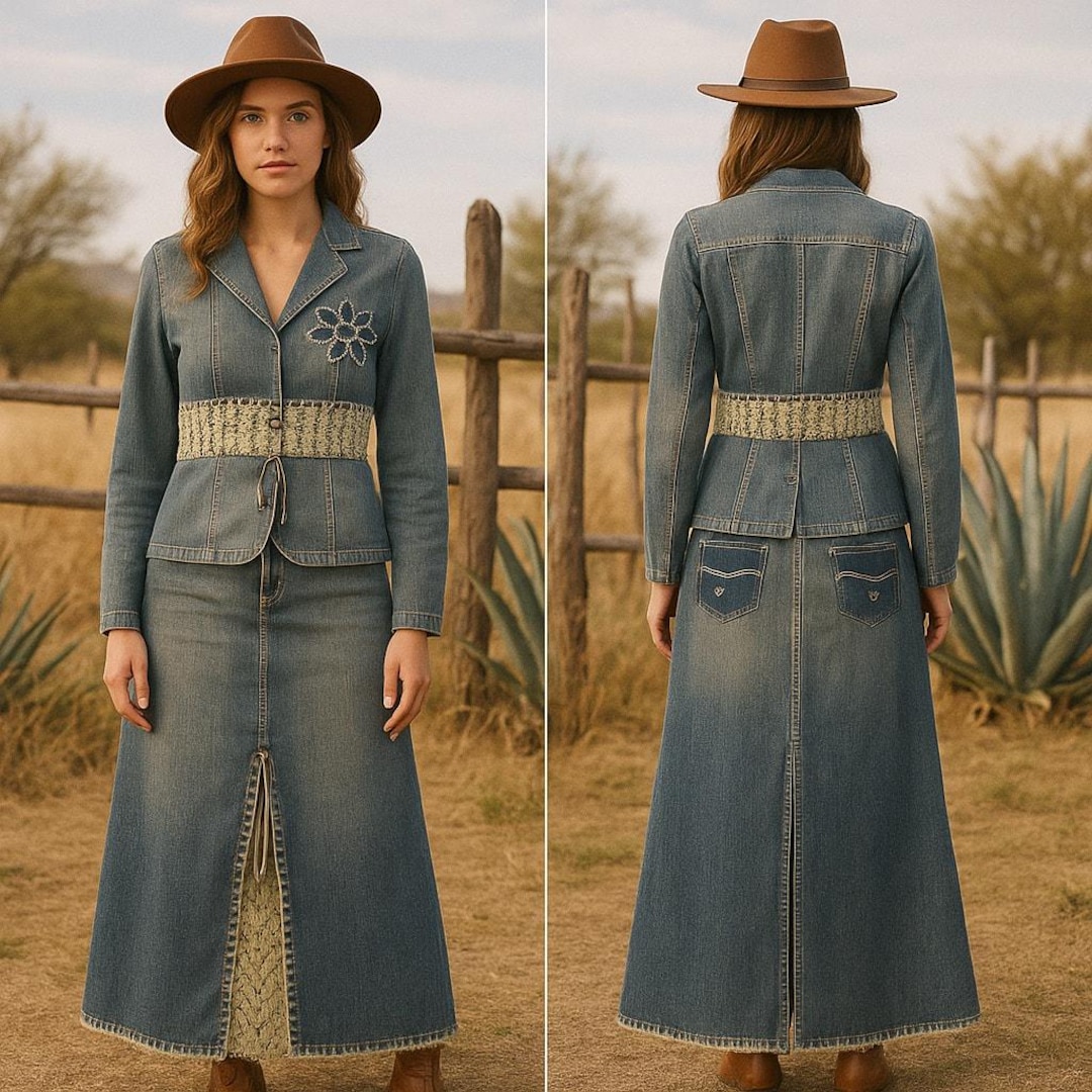 Vintage Crest Jeans Y2K Denim Lace Maxi Skirt Jacket Set Med Western ...