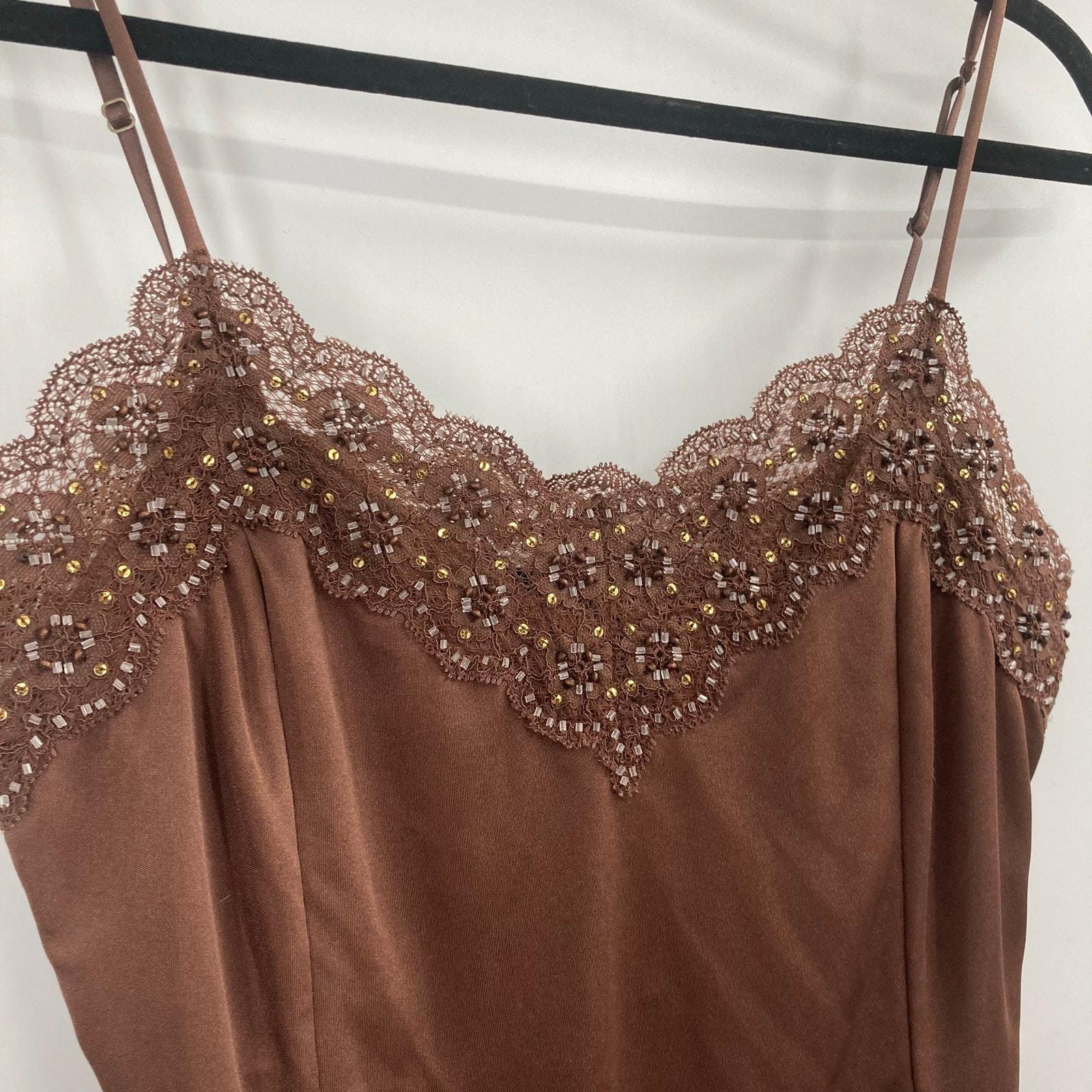 Y2K Vintage Deadstock Lace Trim Satin Chocolate Brown Cami Women’s ...