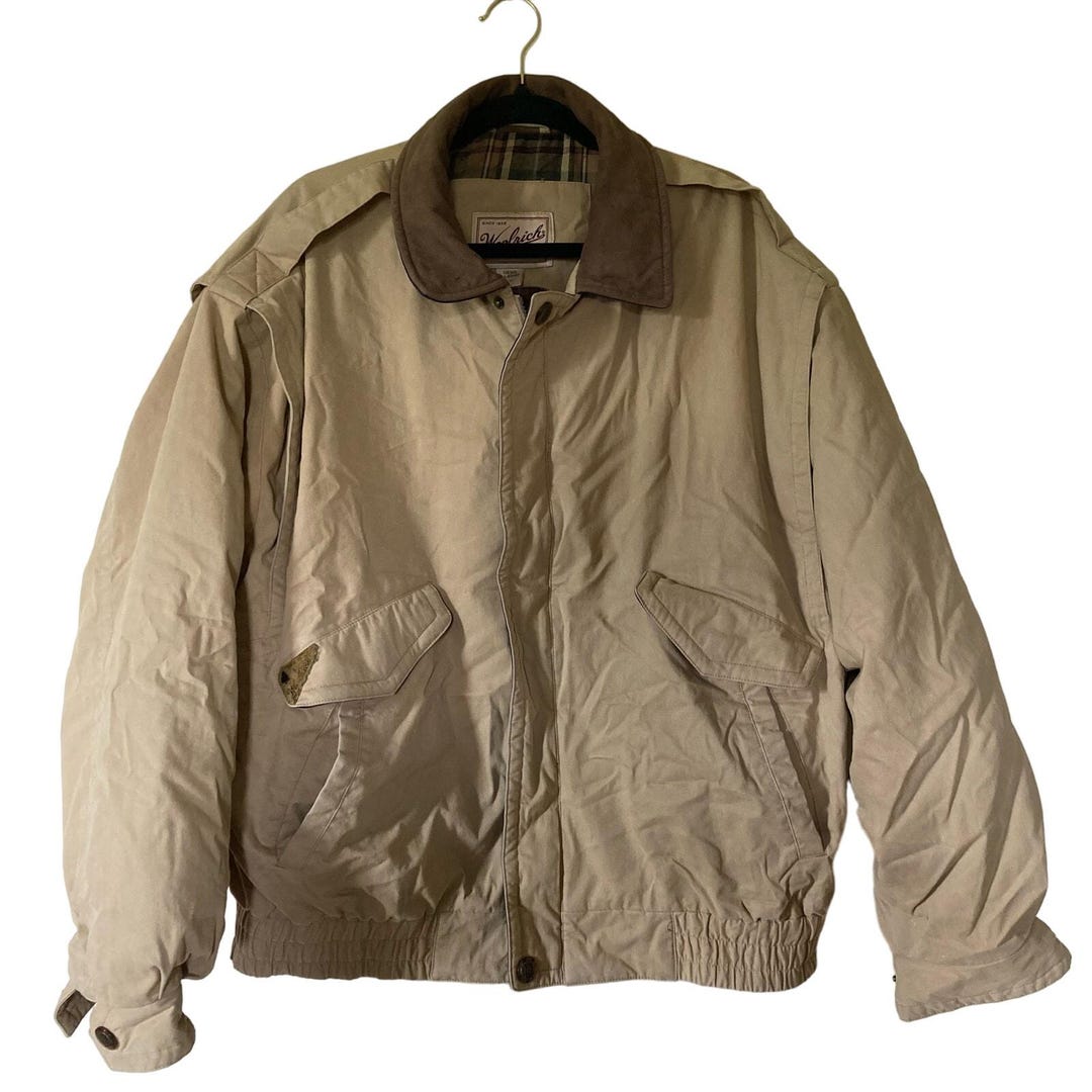 Vintage Woolrich Bomber Jacket Lined Leather Collar Casual Sand Cotton ...