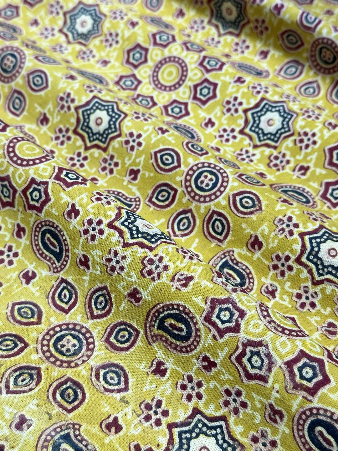 Yellow Floral Hand Block Print Fabric Ajrakh Print Fabric Indian Cotton Fabric 100 Cotton