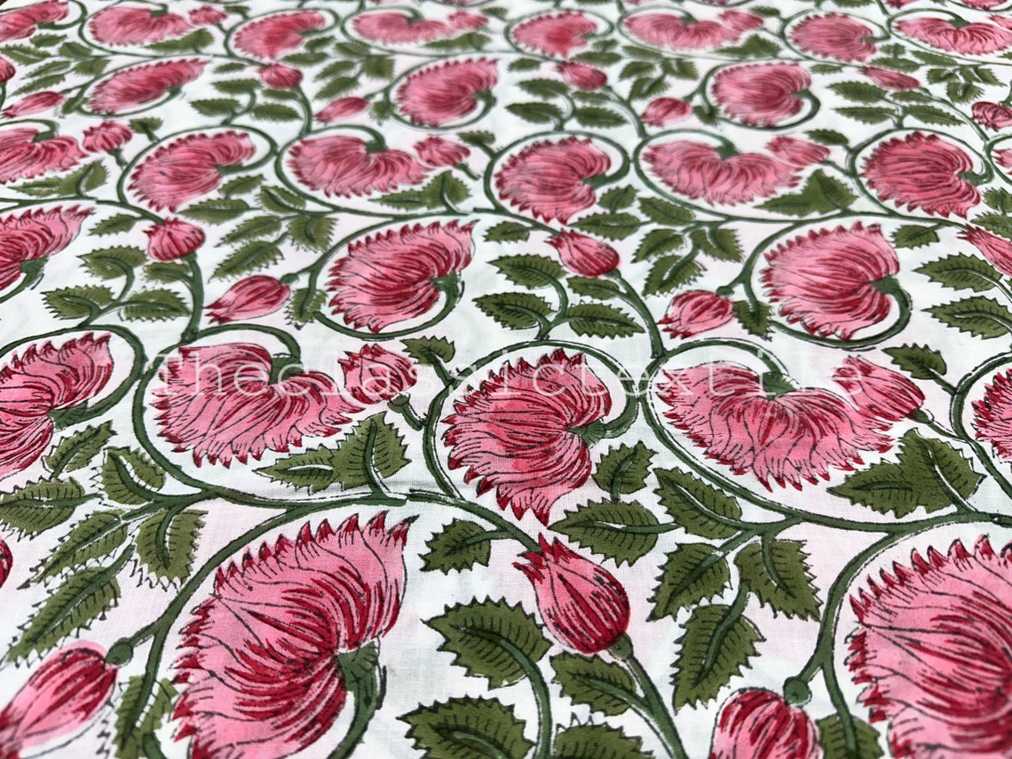 Pink Floral Block Print Fabric, Indian Hand Block Printed 100% Cotton ...