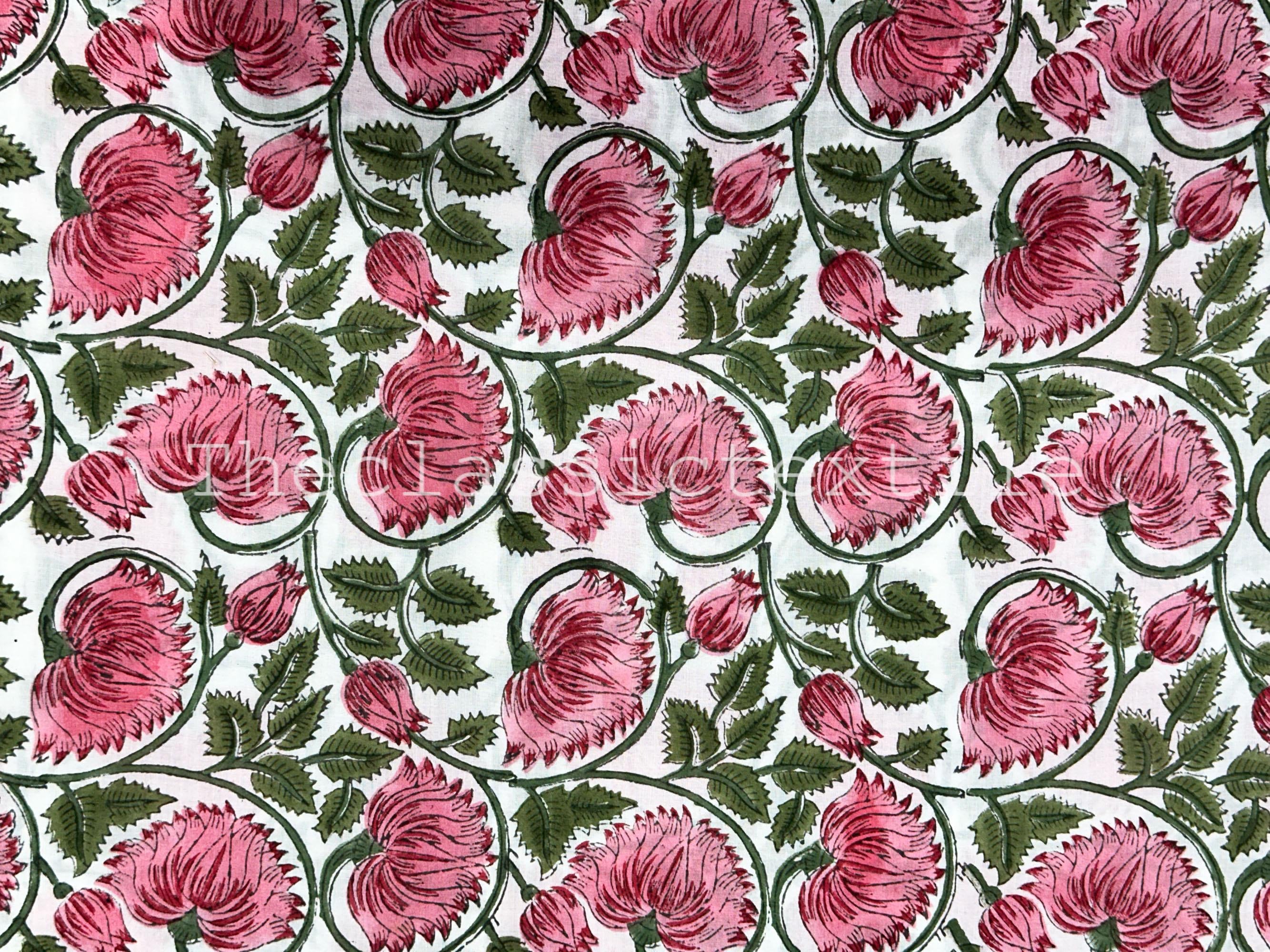 Pink Floral Block Print Fabric, Indian Hand Block Printed 100% Cotton ...