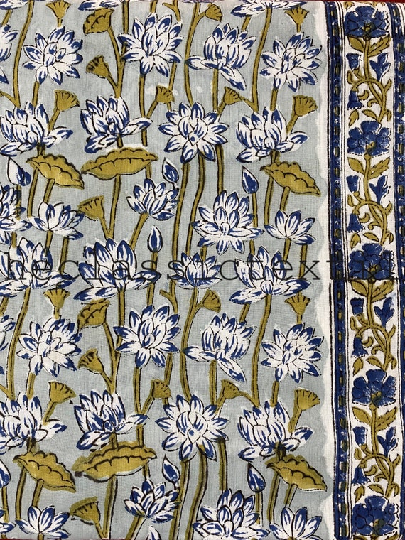 Beige Blue Block Print Fabric Floral Print Fabric by the - Etsy