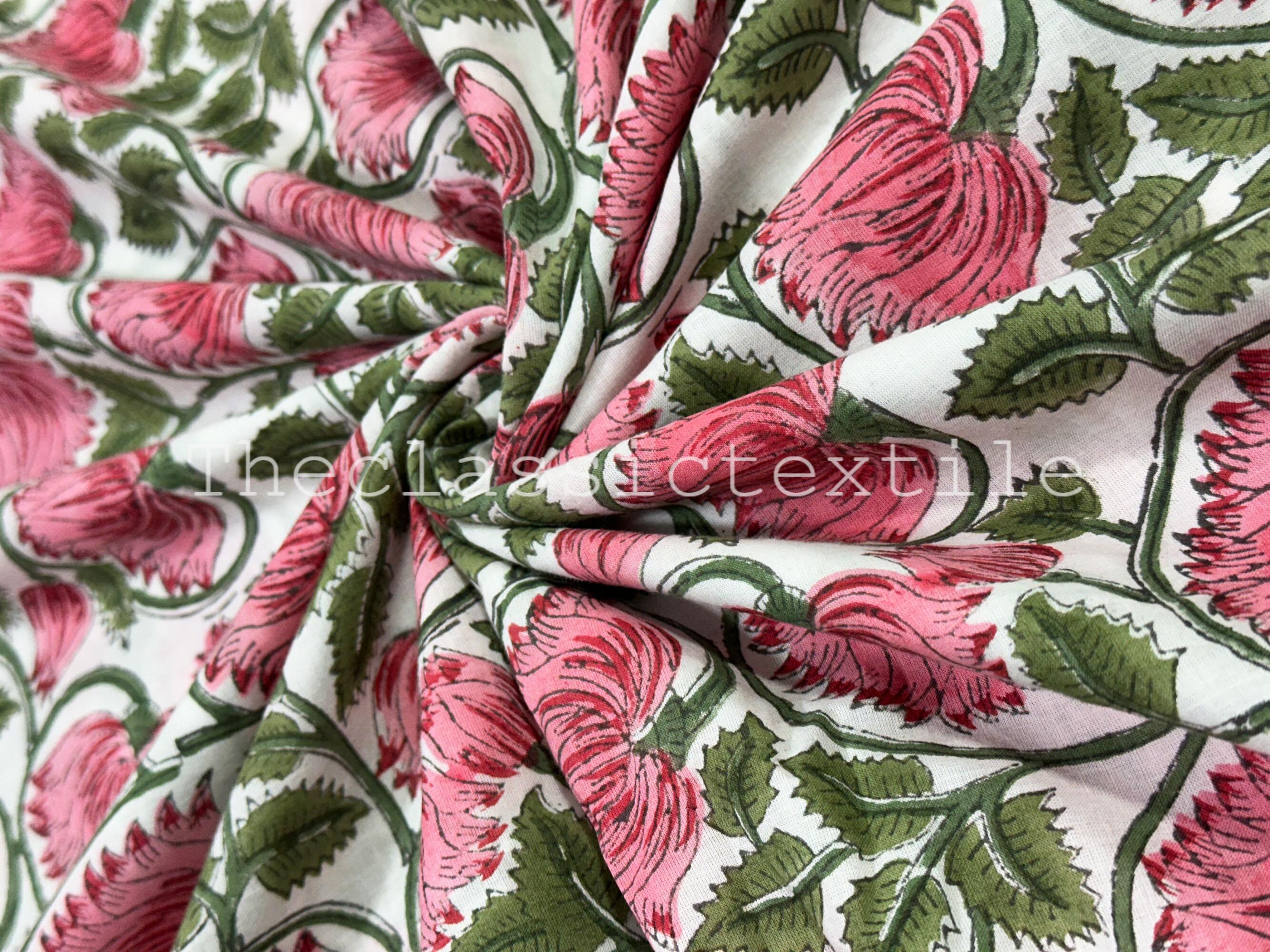Pink Floral Block Print Fabric, Indian Hand Block Printed 100% Cotton ...