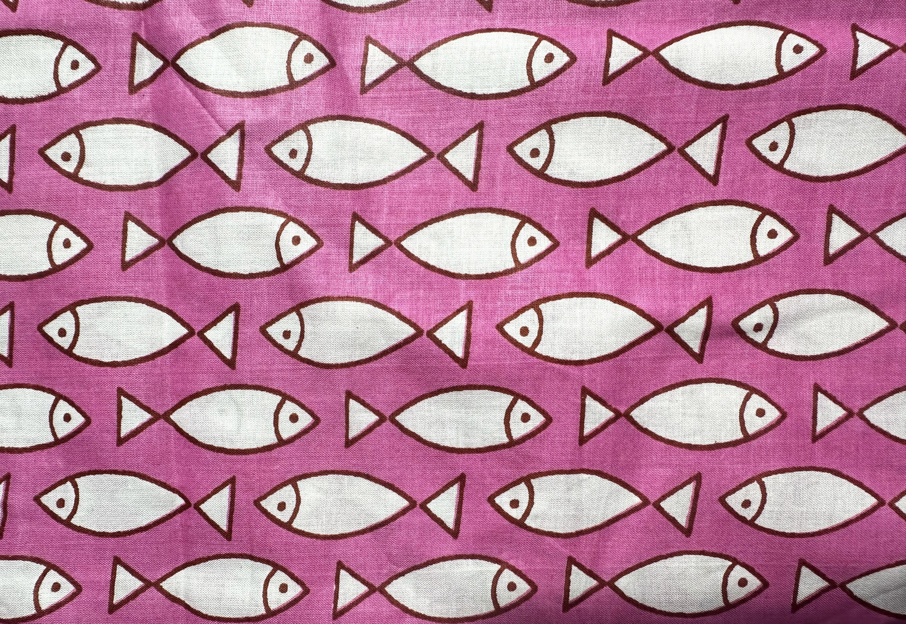 Pink and White Fish Block Print Fabric, Indian Cotton Fabric by the ...