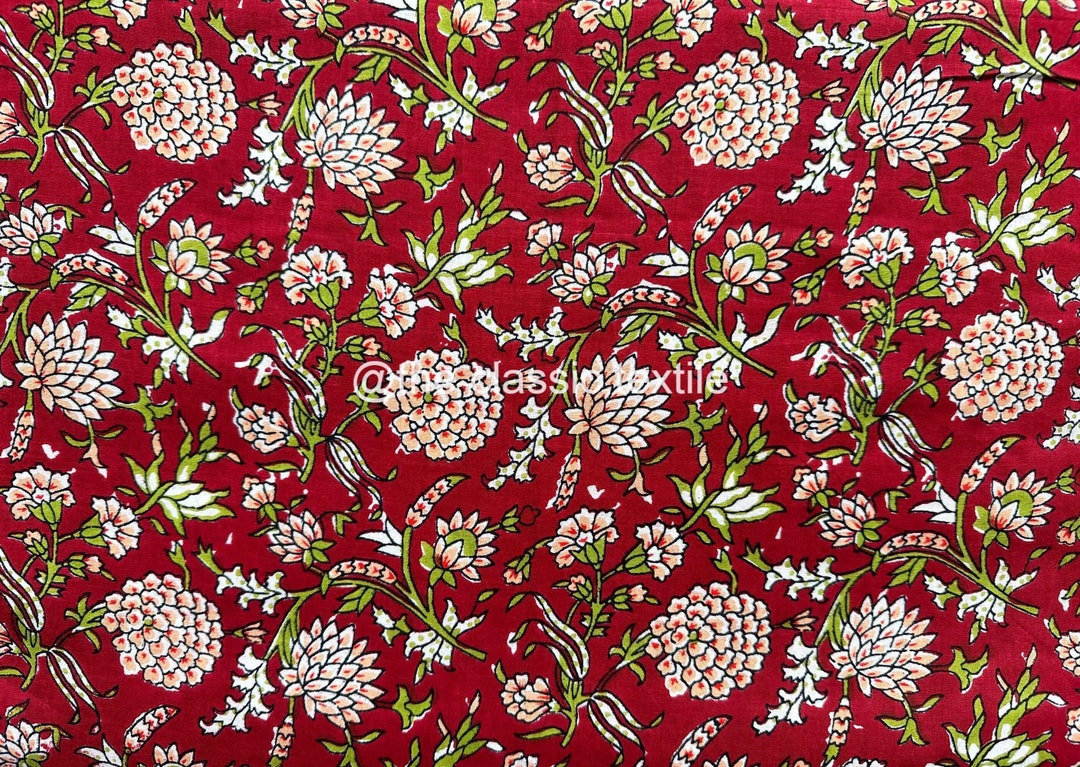 Cotton Fabric, 100% Red Flower Fabric Block Print Fabric, Indian Voile ...