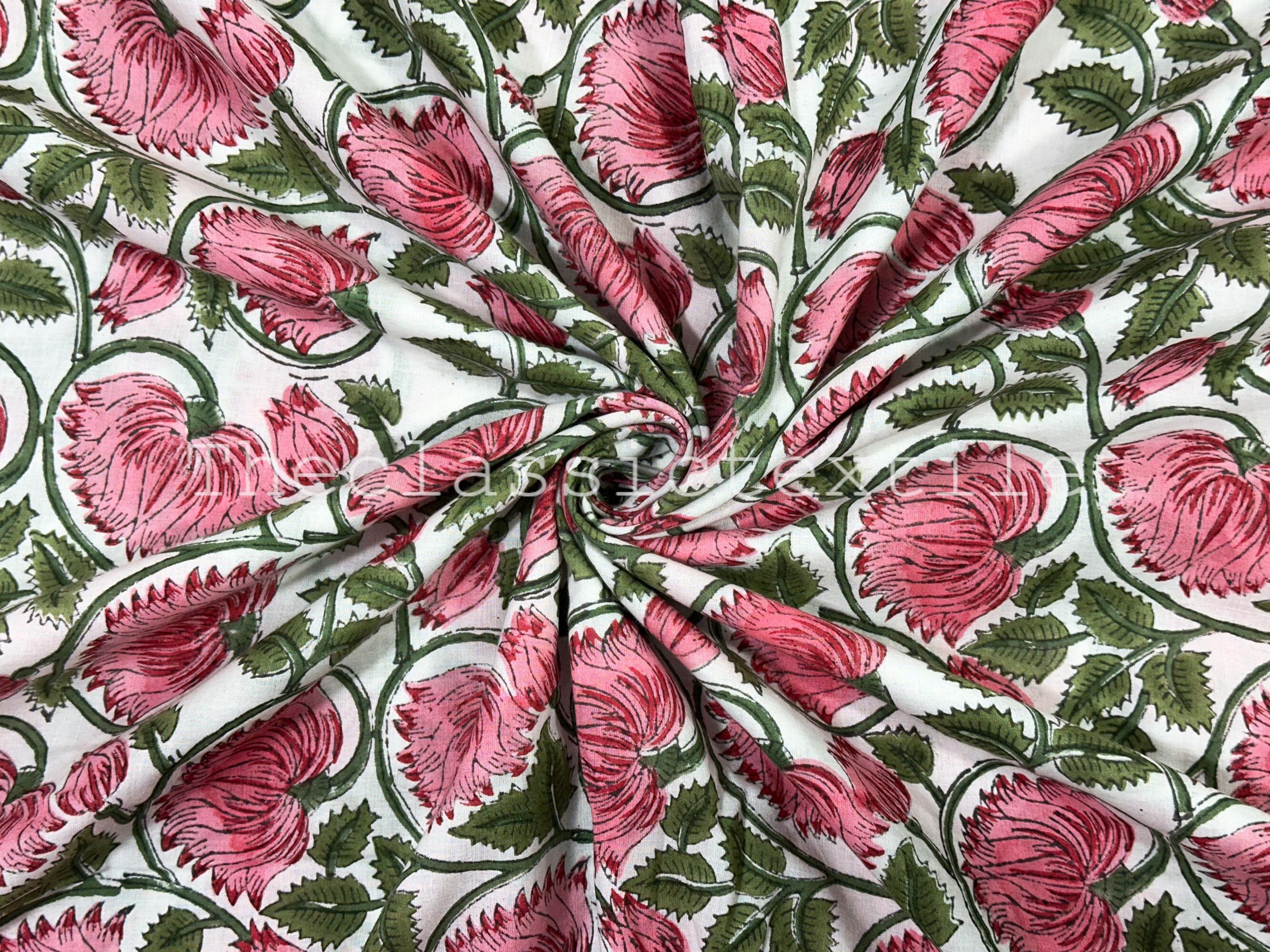 Pink Floral Block Print Fabric, Indian Hand Block Printed 100% Cotton ...