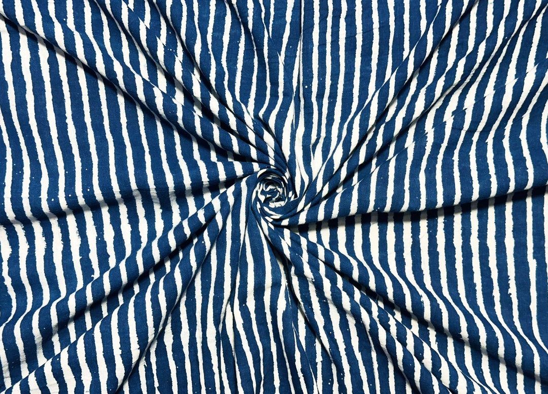 White & Blue Block Print Striped Fabric, 100% Soft Cotton Fabric, Dress ...