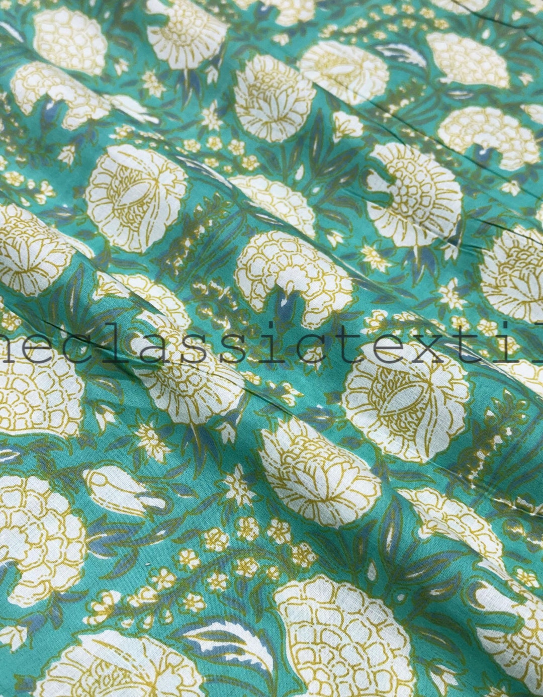 Green Floral Cotton Fabric Handmade Fabric Hand Block Print Cotton ...