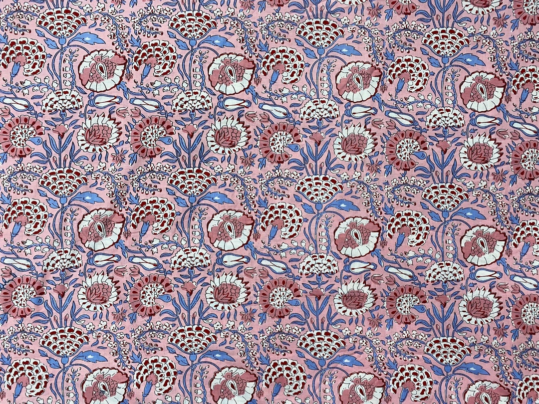 Pink Floral Print Block Print Fabric, Indian Soft Cotton Fabric by the ...