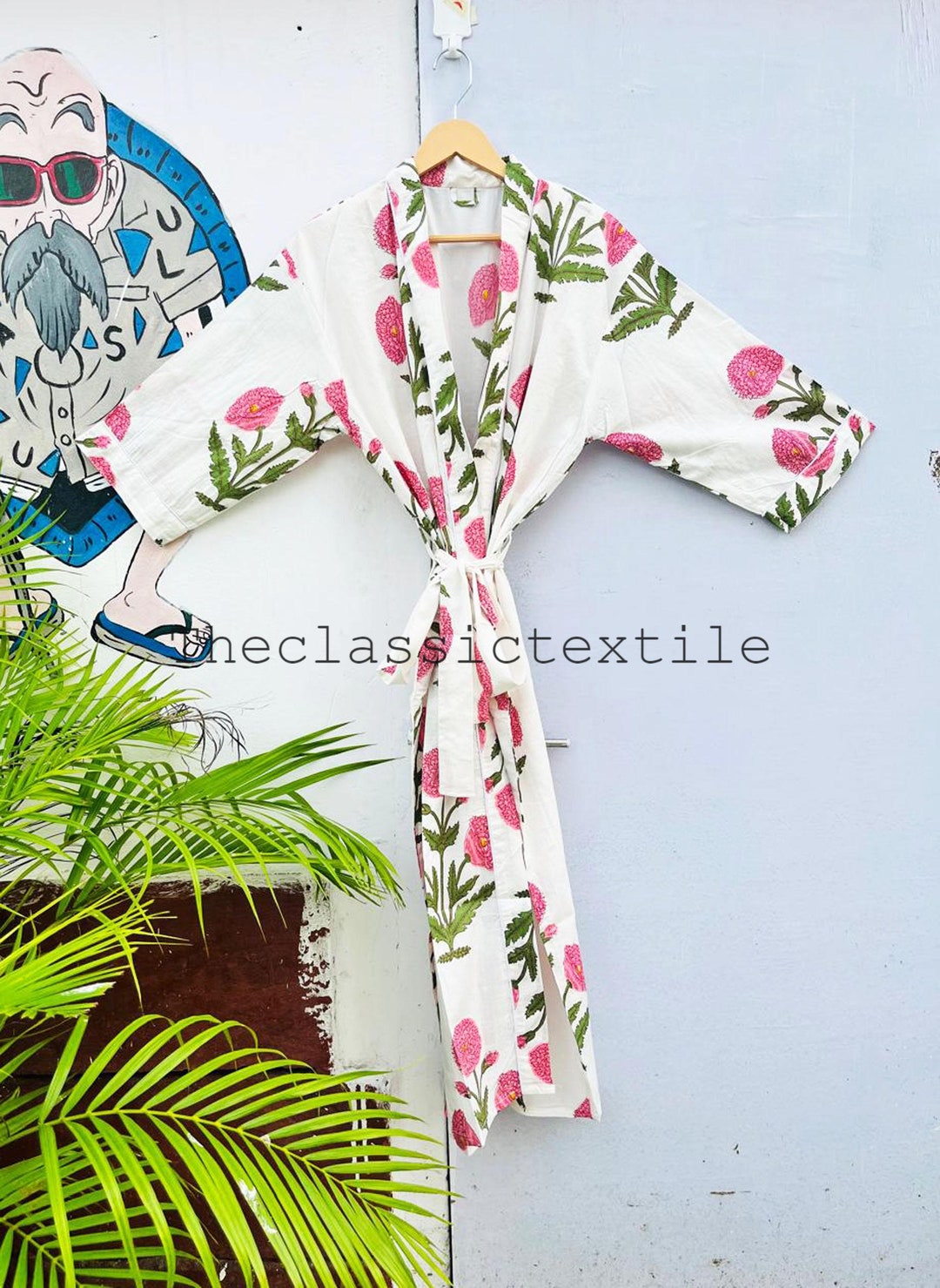 Beautiful Floral Cotton Kimono Bathrobe, Hand Block Printed Cotton ...