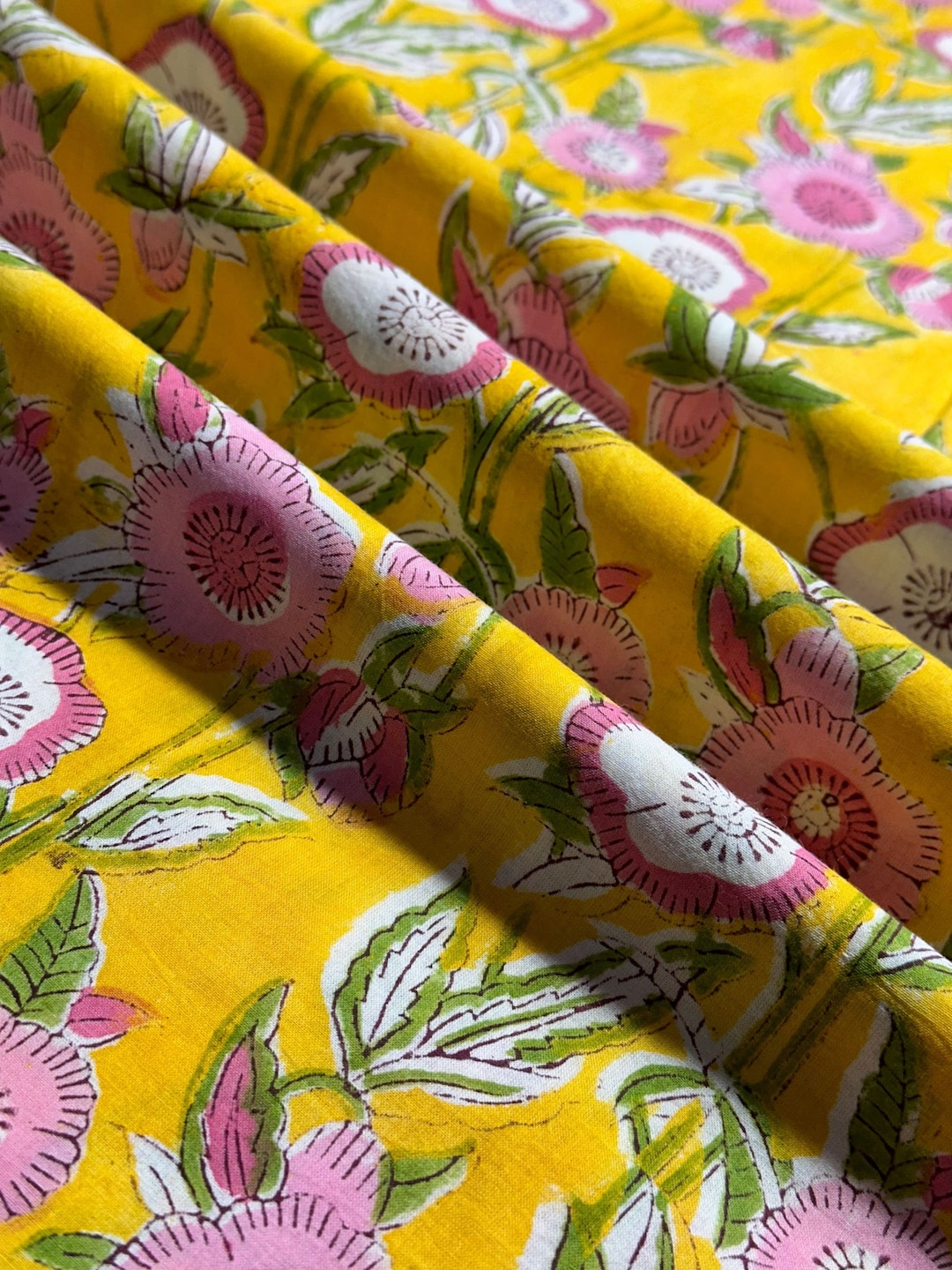 Beautiful Yellow Floral Print Fabric, Block Print Fabric by the Yard ...