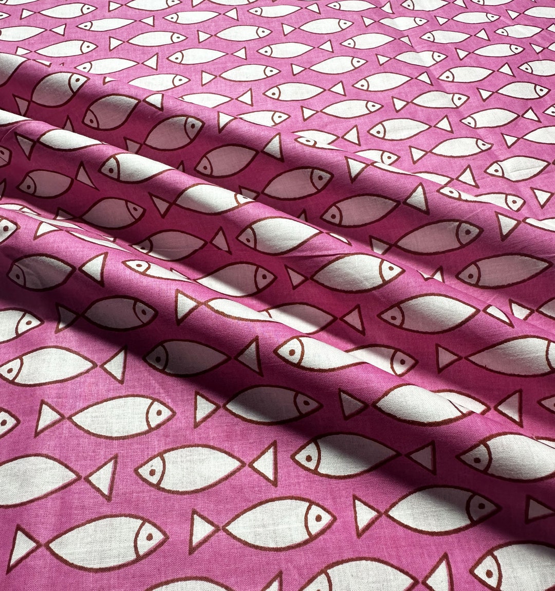 Pink and White Fish Block Print Fabric, Indian Cotton Fabric by the ...