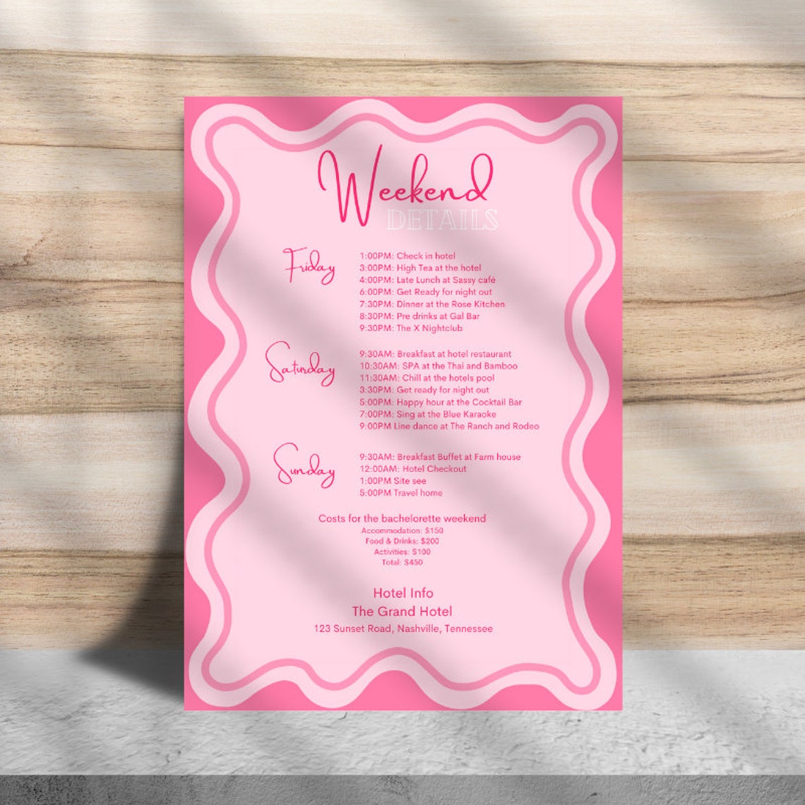 Bachelorette Invitation & Itinerary Template Modern Pink and Red ...