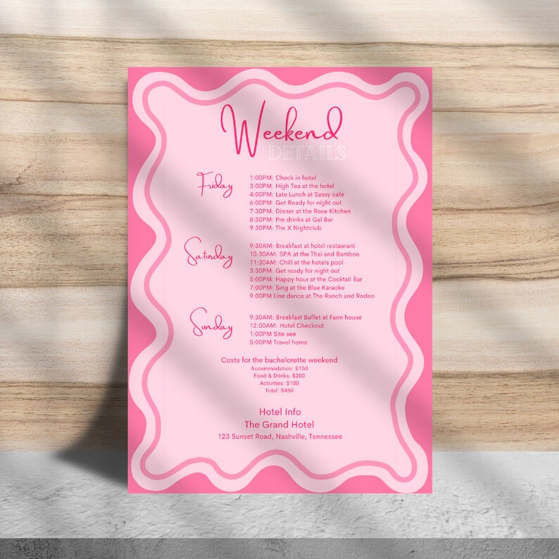 Bachelorette Invitation & Itinerary Template Modern Pink and Red ...