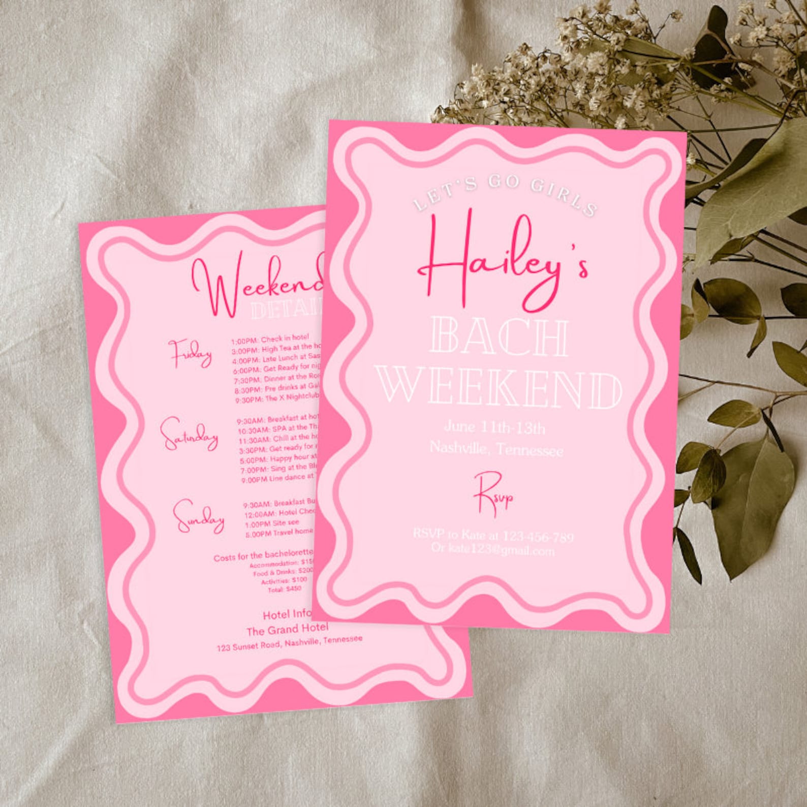 Bachelorette Invitation & Itinerary Template Modern Pink and Red ...