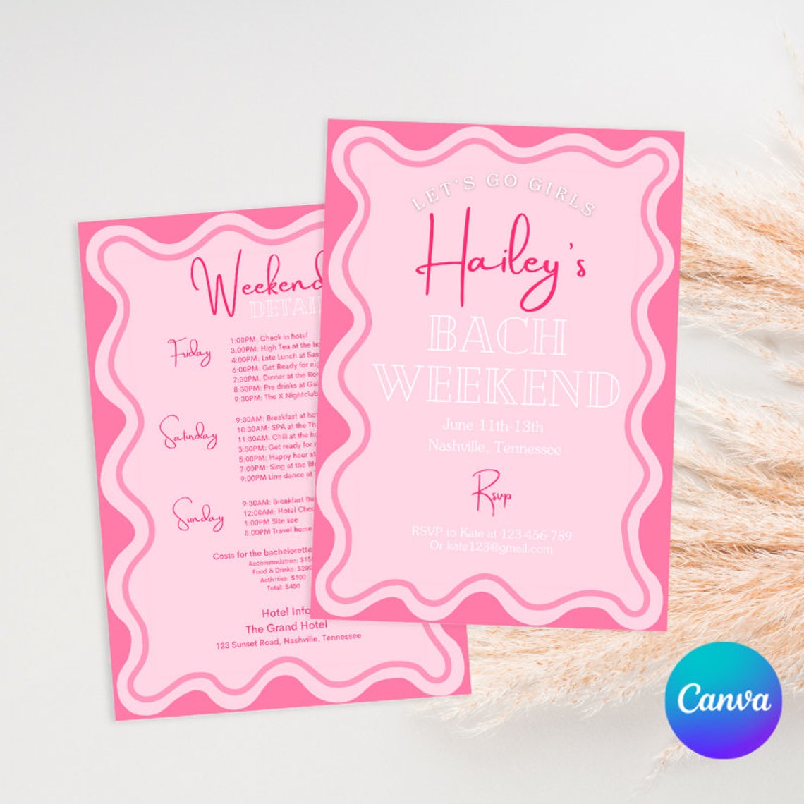 Bachelorette Invitation & Itinerary Template Modern Pink and Red ...