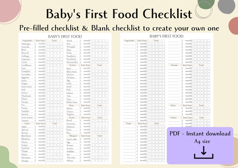 Printable Baby's First Food Checklist, Baby's First Food Tracker, Baby ...