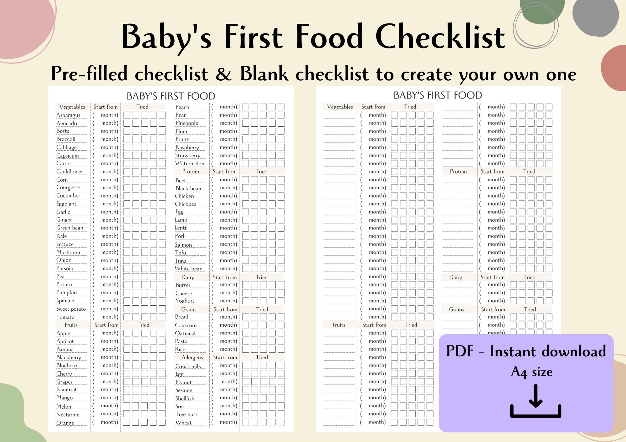 Printable Baby's First Food Checklist, Baby's First Food Tracker, Baby ...
