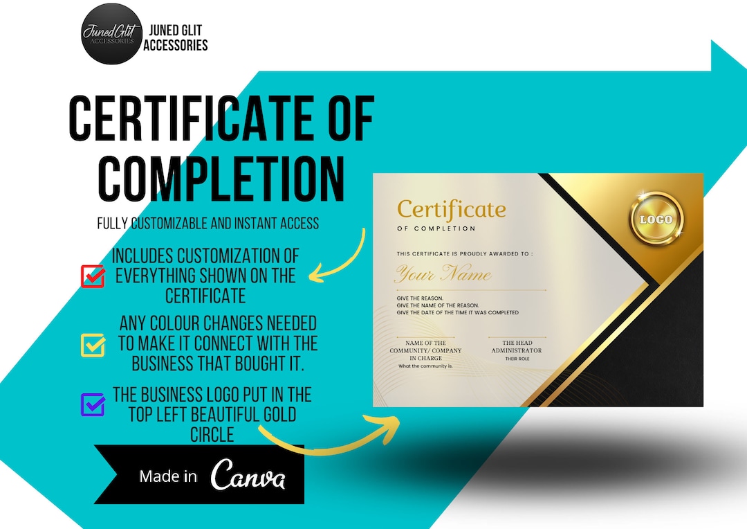 Certificate of Completion Template , Editable Award for Courses, Custom ...