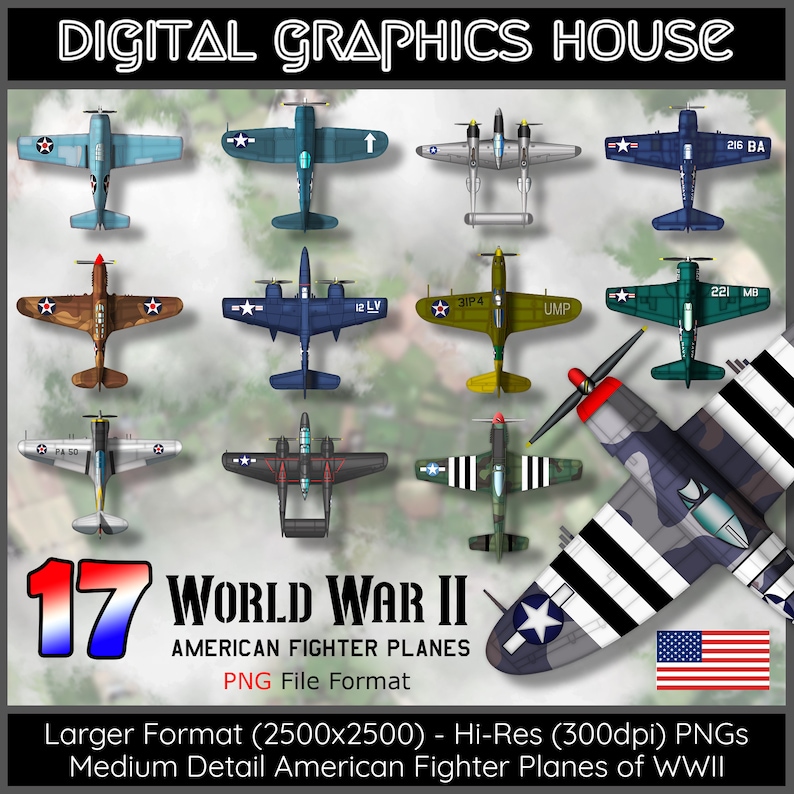 WWII American Fighter Planes PNG: 17 Warplane Graphics (digital ...
