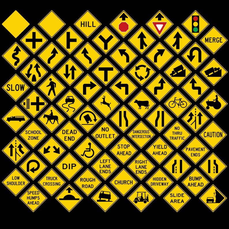 Traffic Warning Signs Clipart: Yellow Road Signs SVG PNG (digital ...