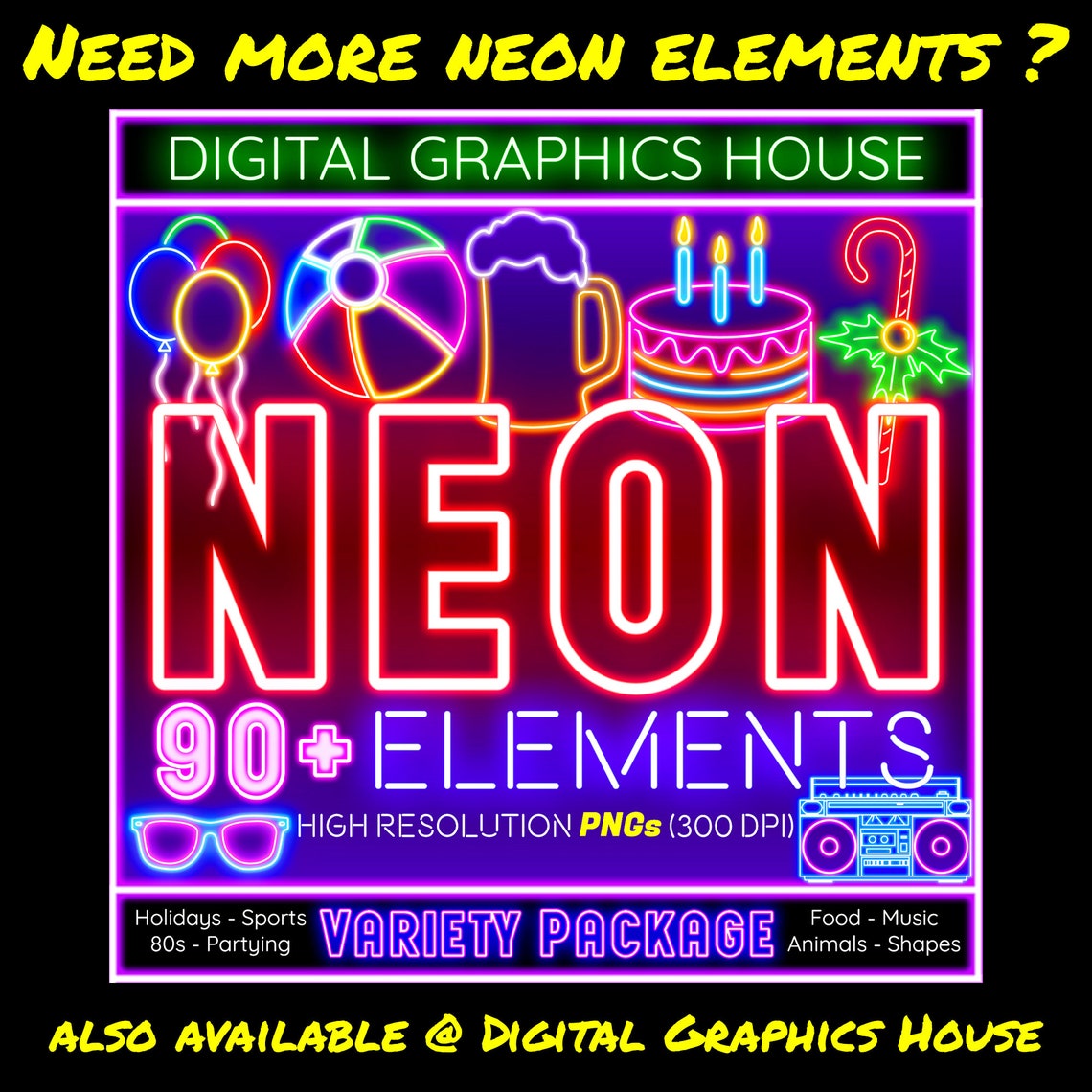 Neon Graphics PNG Bundle: 74 High-resolution Elements (digital Download ...