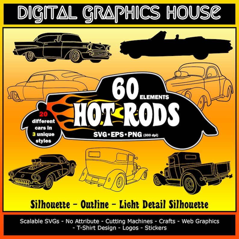 Vintage Hot Rod Clipart: 60 Car Designs (SVG, PNG, EPS Digital Download ...