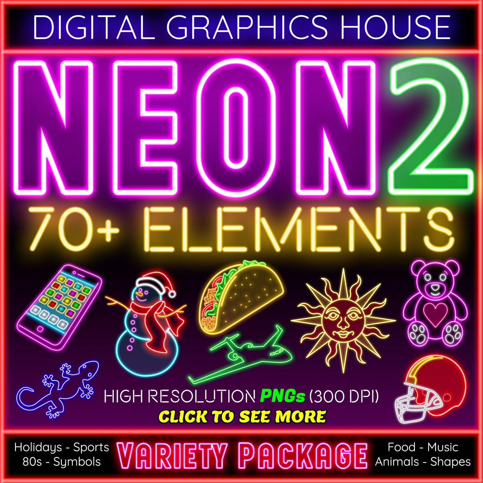 Neon Graphics PNG Bundle: 74 High-resolution Elements (digital Download ...