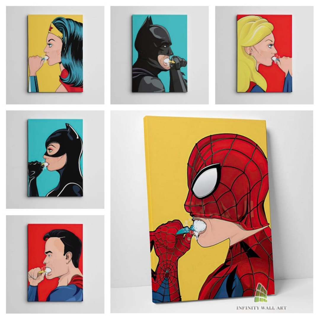 Funny Superhero Brushing Teeth Canvas Art Wall Art Print Picture Framed ...