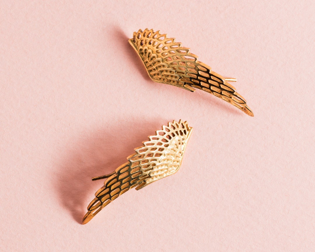 ANGEL WING EARRINGS, Ear Climber Earrings, Minimalist Feather Earrings ...