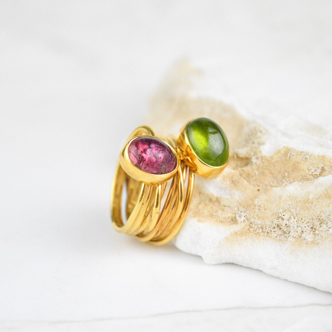 Tourmaline and Peridot Ring, Oversized Statement Ring, Classy Bezel Set ...