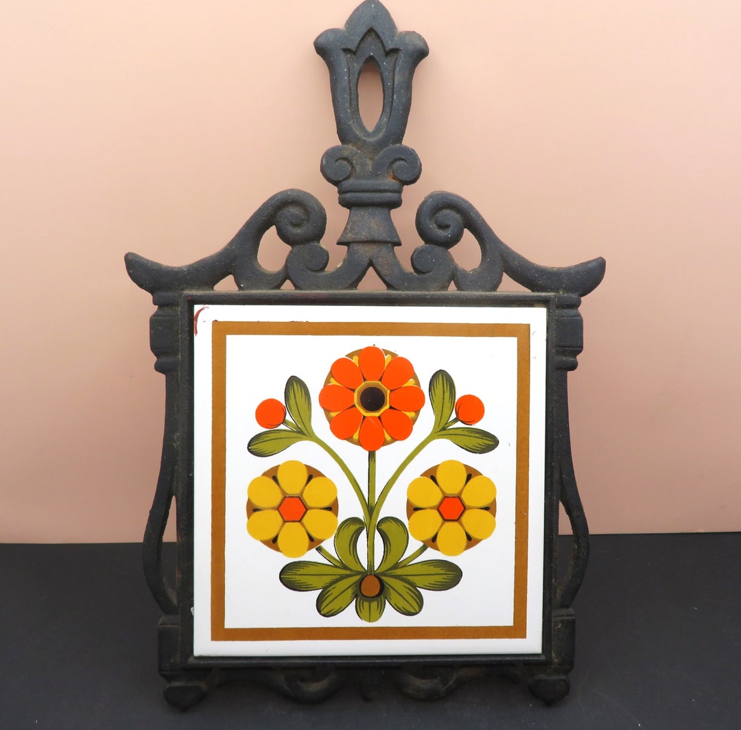 Large Cast Metal Trivet With Printed Ceramic Tile Hand Painted Flowers ...