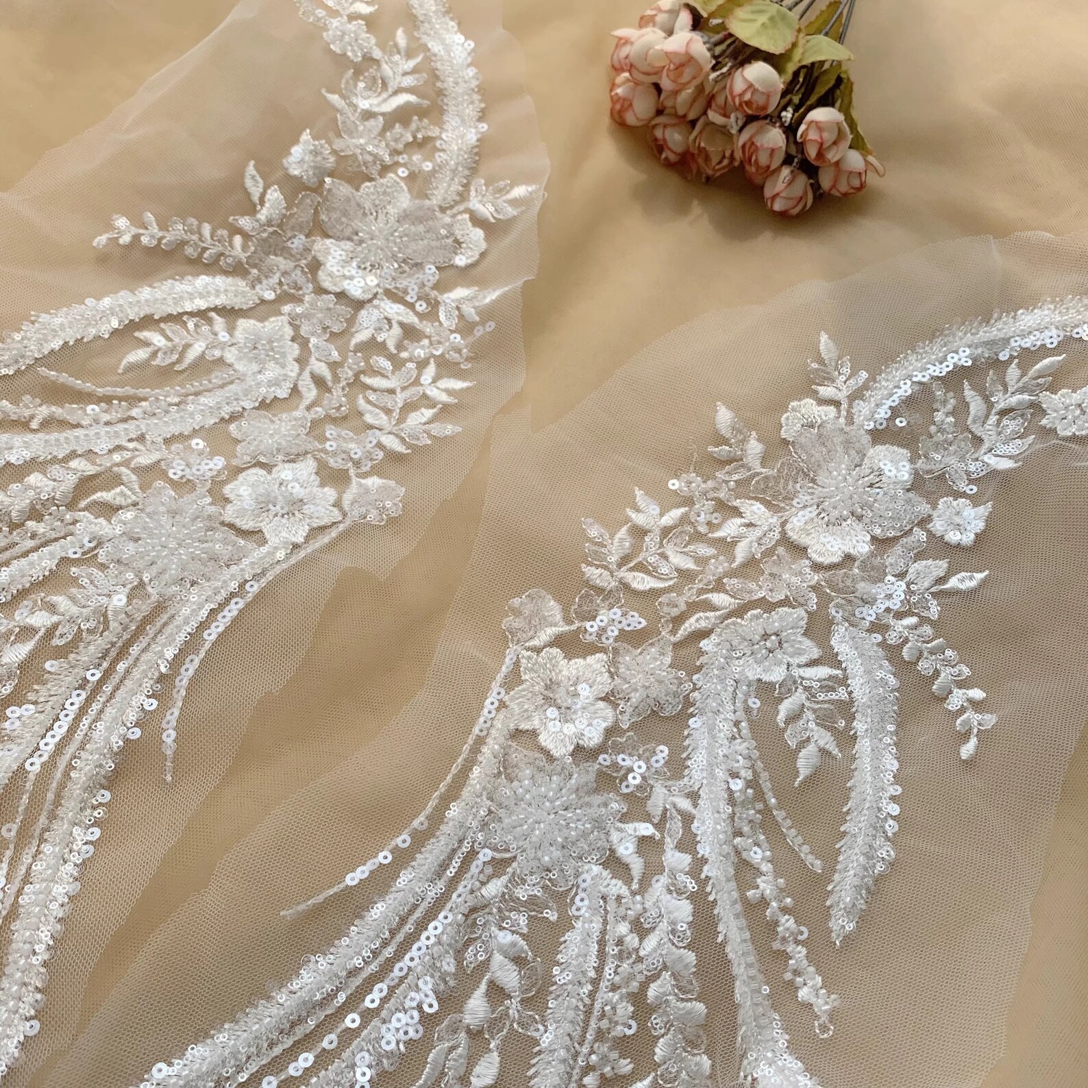 Beaded Glitter Wing Embroidery Lace Motif, Sequins Beaded Lace Applique ...