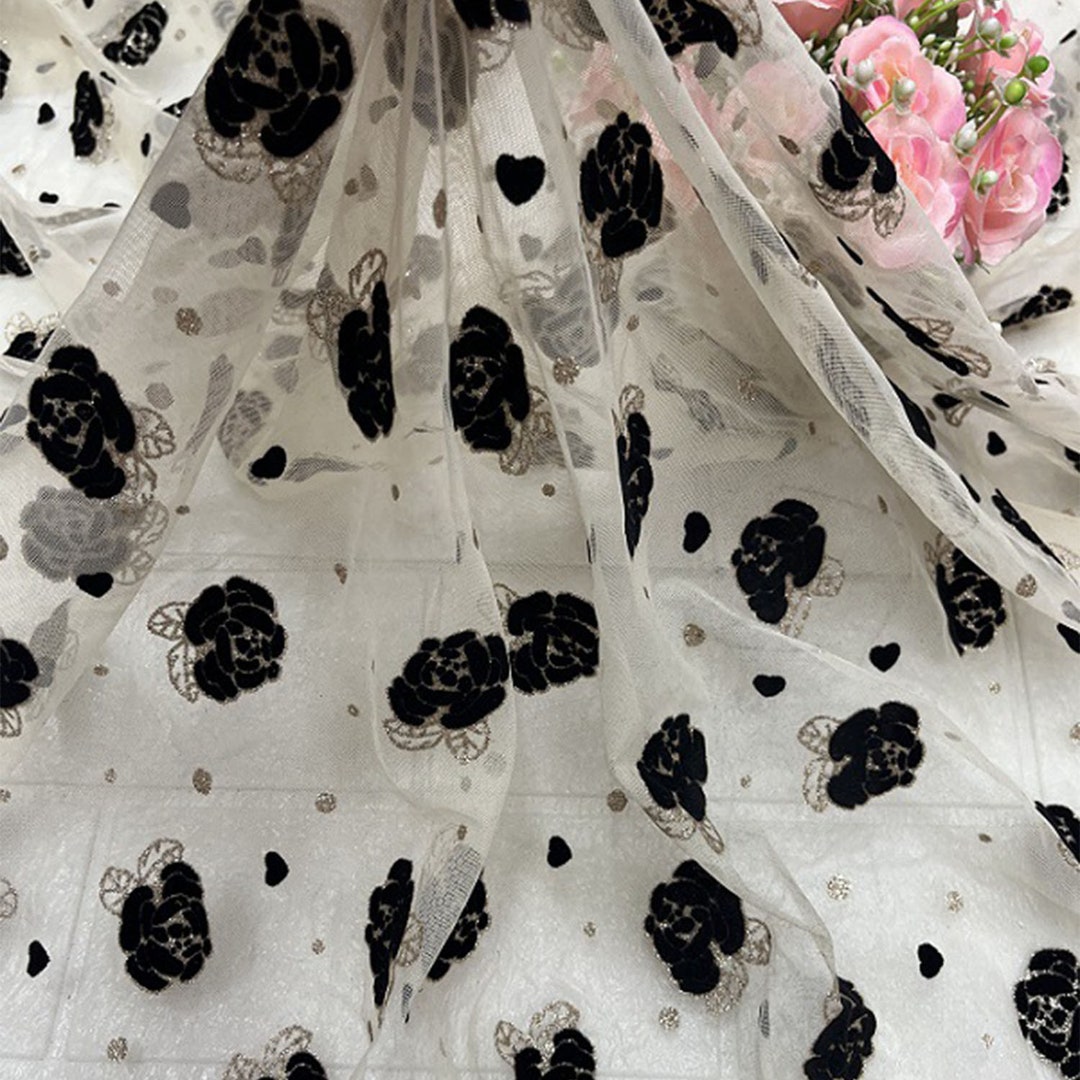 Hot Gold Flocking Rose Mesh Fabric Black Flower Printing Tulle Lace ...