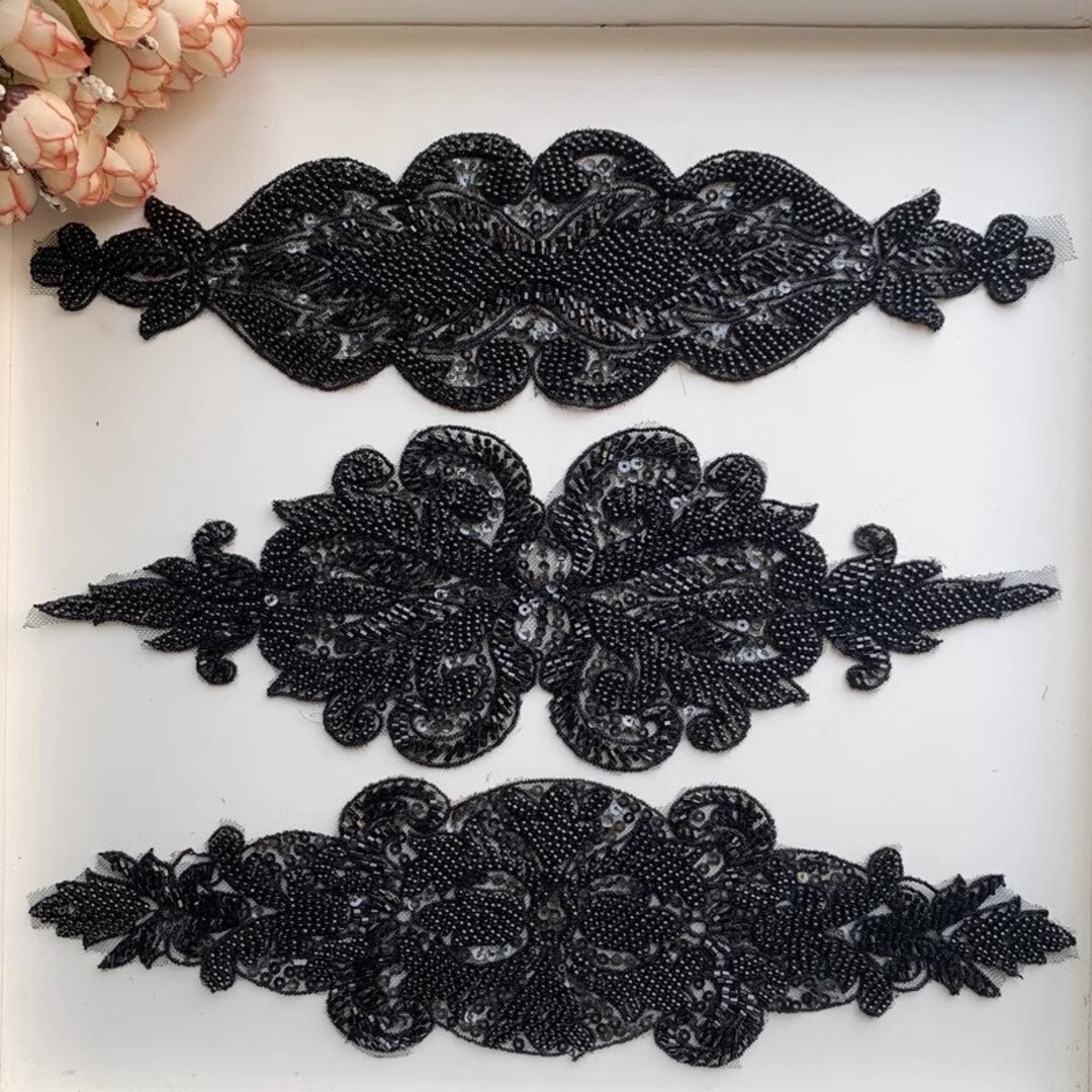 Exquisite Beaded Black Lace Applique, Beaded Embroidery Lace Patch With ...