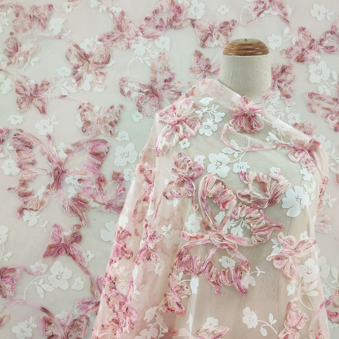 3D Butterfly Lace Tulle Mesh Fabric Flower Flocking Printing Lace ...