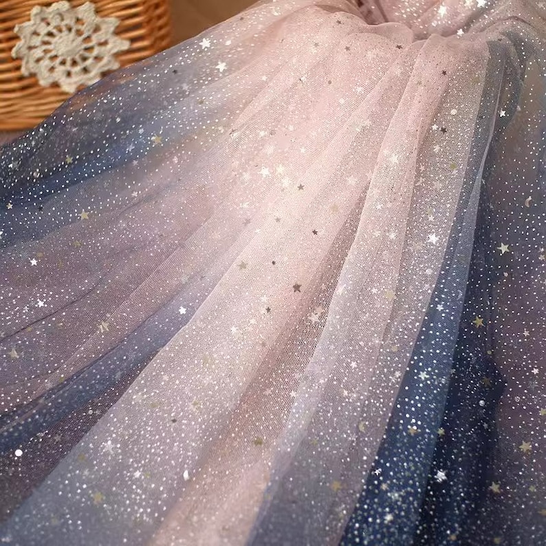 Gradient Starry Sky Lace Fabric, Glitter Star Moon Mesh Tulle Fabric ...