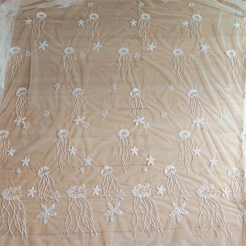 Exquiste Beaded Jellyfish Starfish Embroidery Lace Fabric Marine Theme ...