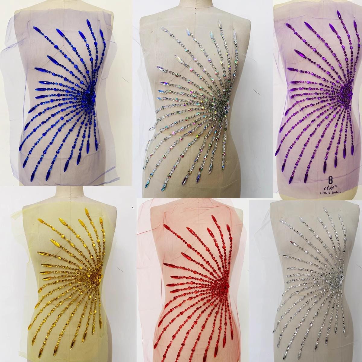 Handmade Beaded Rhinestone Applique Large Piece Ray Diamante Applique ...