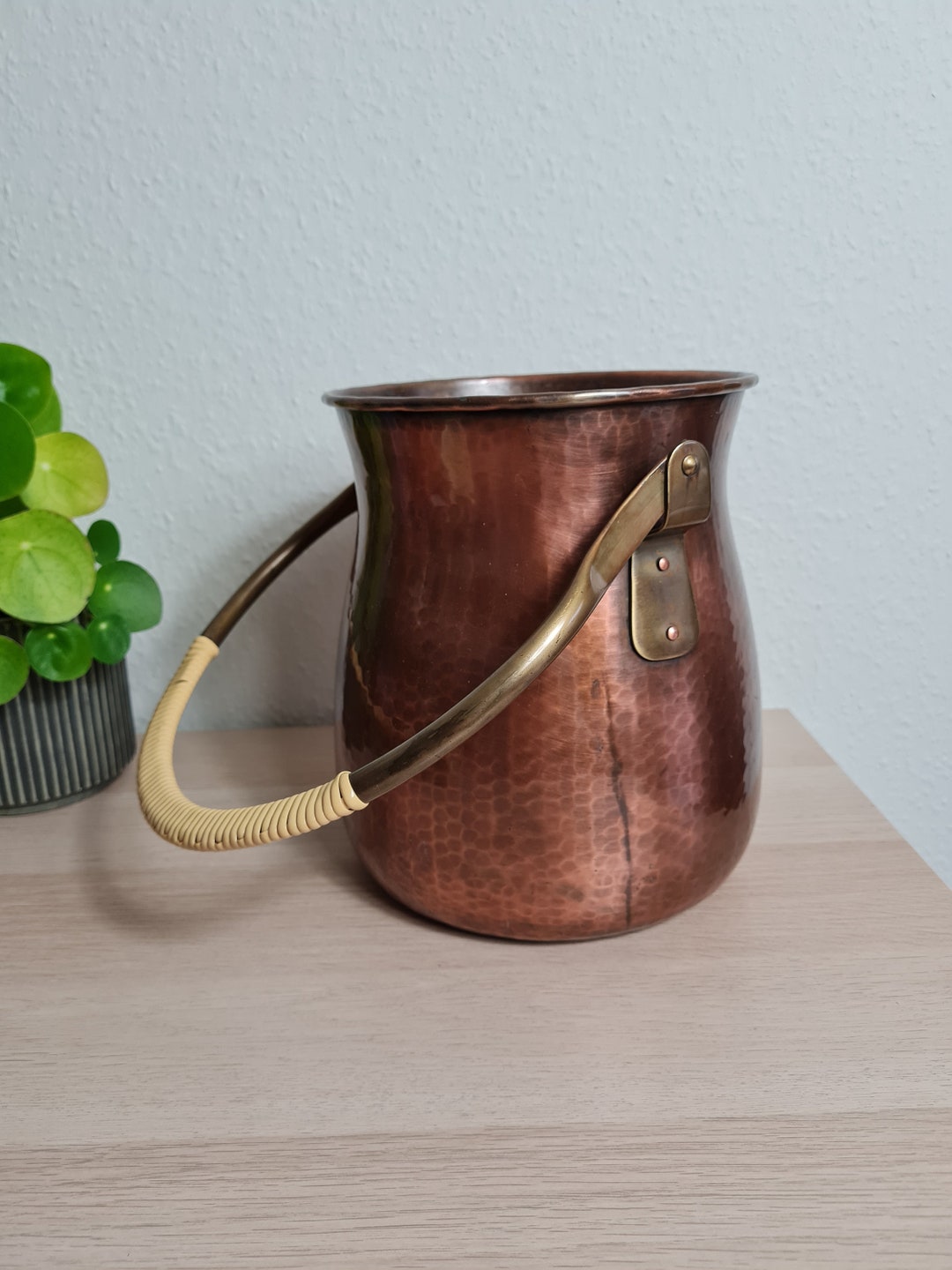Large Copper Bucket / Floor Vase With Wrapped Handle Vintage Handmade ...