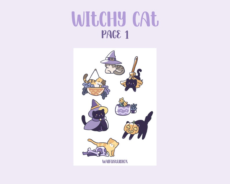 Witch Cat Digital Sticker Pack Kawaii Digital Stickers - Etsy