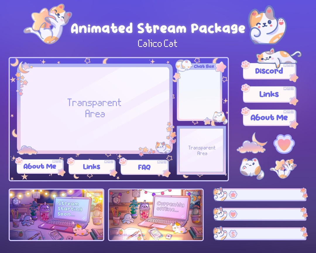 Calico Cat Lofi Animated Stream Package: Overlays for Twtich, OBS ...