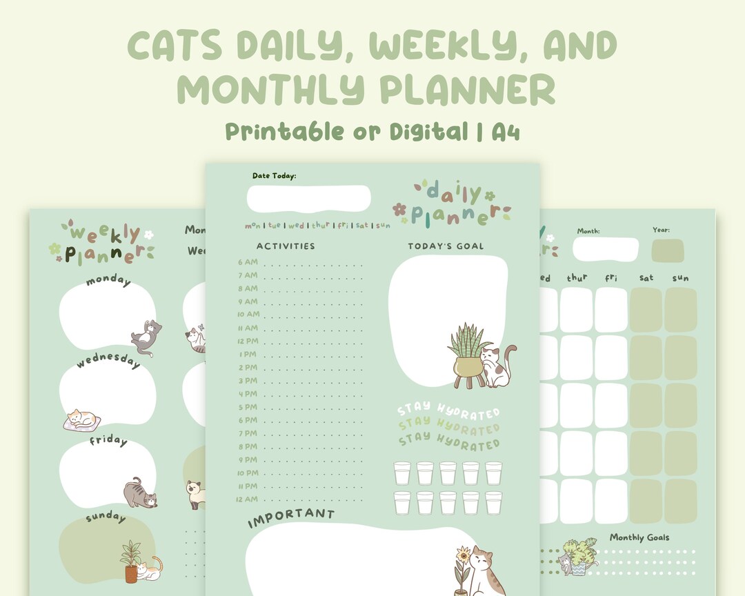 Cat Daily Planner, Weekly Planner, Monthly Planner | Kawaii Planner ...